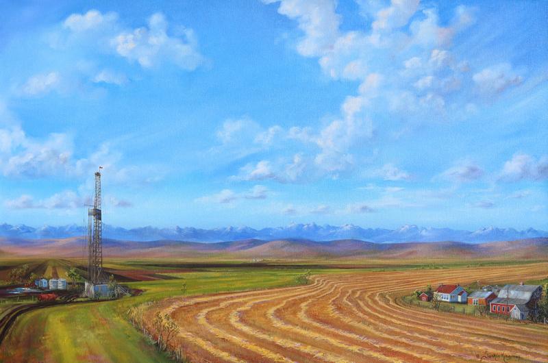 Saskia King: ALBERTA LANDSCAPE WITH OIL DERRICK, FARM AND MOUNTAIN ...
