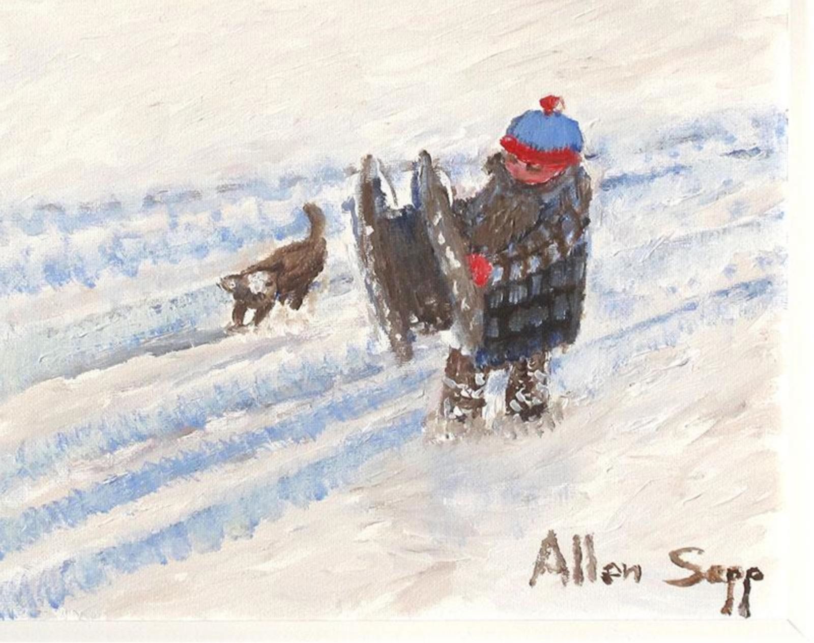 Allen Sapp: BOY GOING SLEDDING WITH HIS DOG - Hodgins Art Auctions