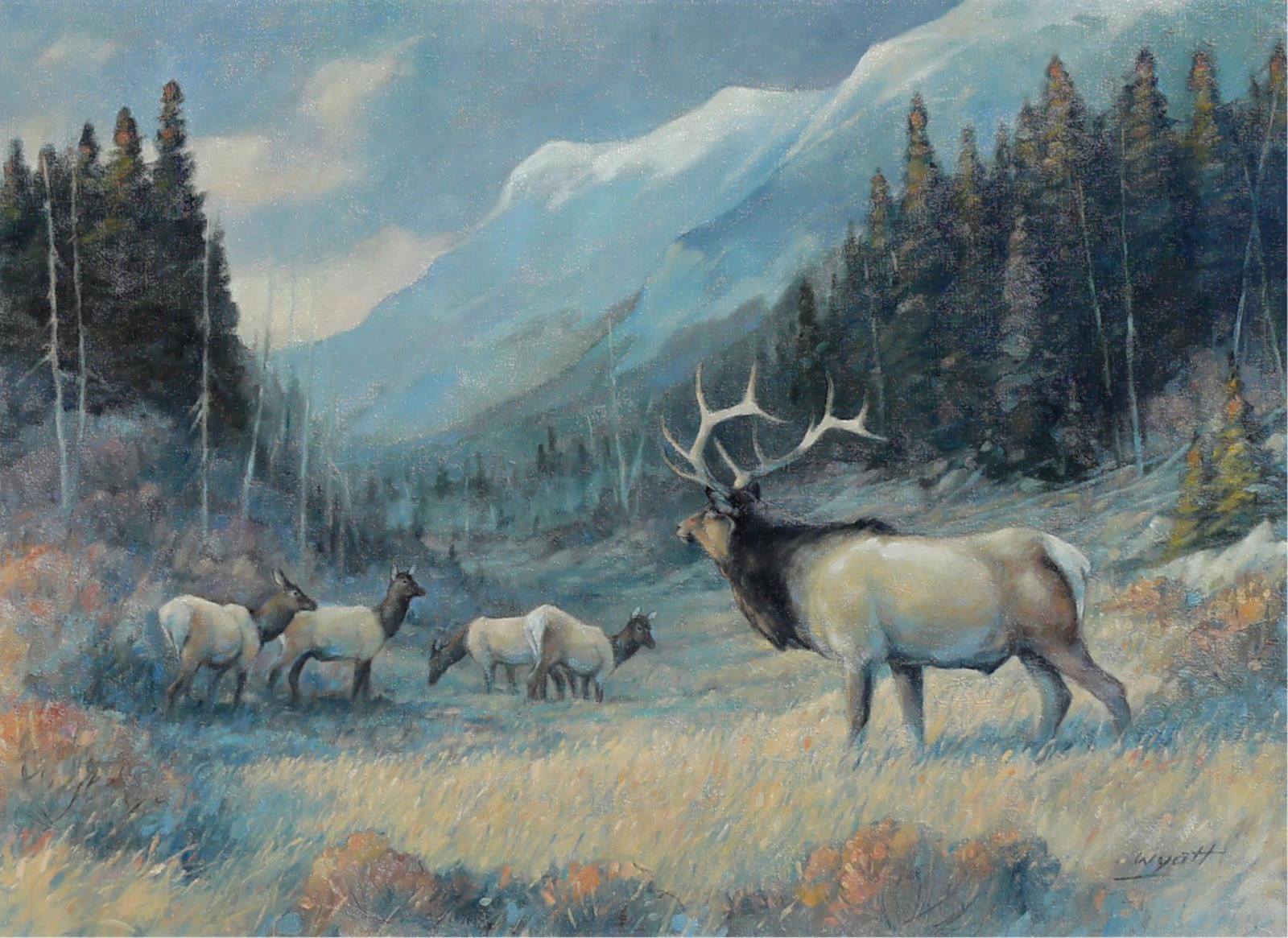 Robert A. Wyatt: BULL ELK AND COWS - Hodgins Art Auctions