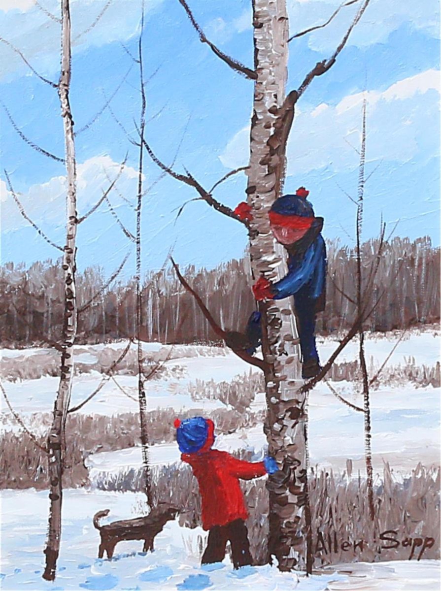 Allen Sapp: ONE BOY CLIMBING A TREE - Hodgins Art Auction