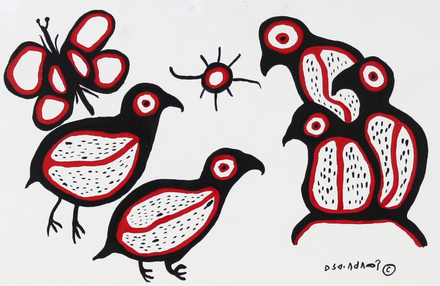 Norval Morrisseau: BIRD FAMILY WITH BUTTERFLY - Hodgins Art Auction