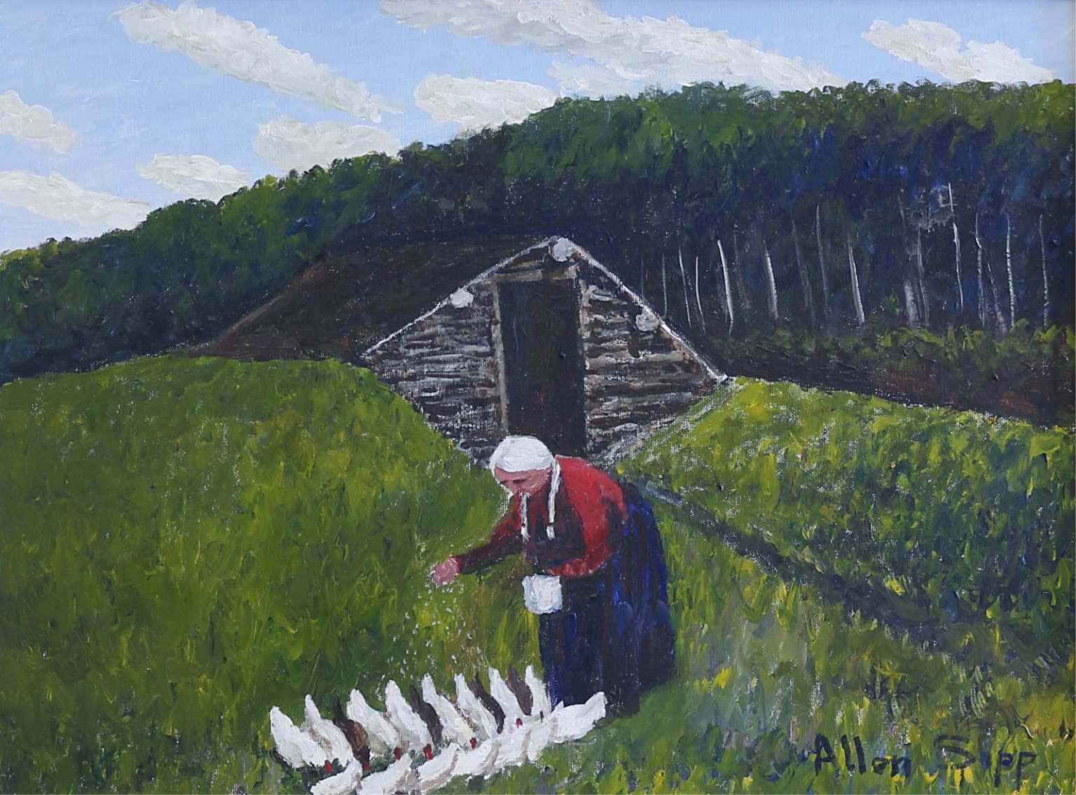 Allen Sapp: NOKUM FEEDING THE CHICKENS - Hodgins Art Auction