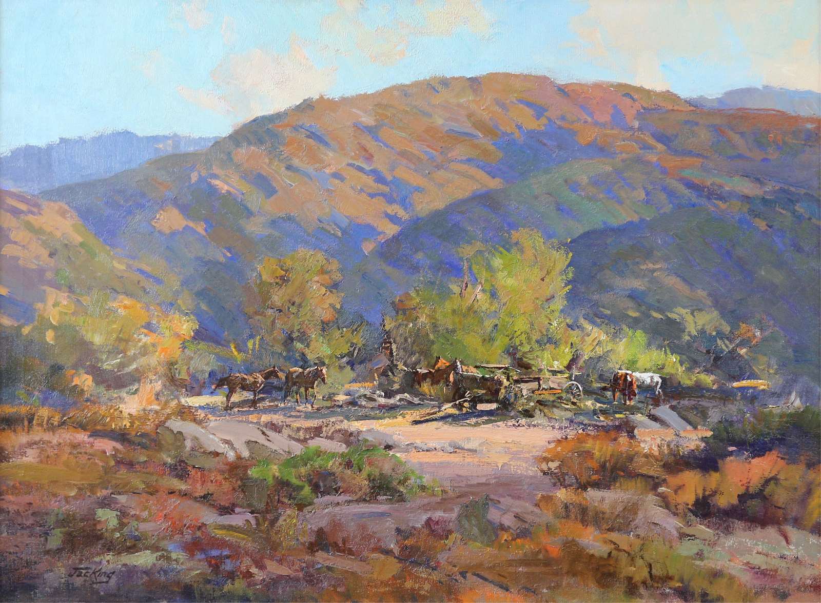 Jack Elmo King: HORSES IN AN ALPINE CAMP - Hodgins Art Auctions