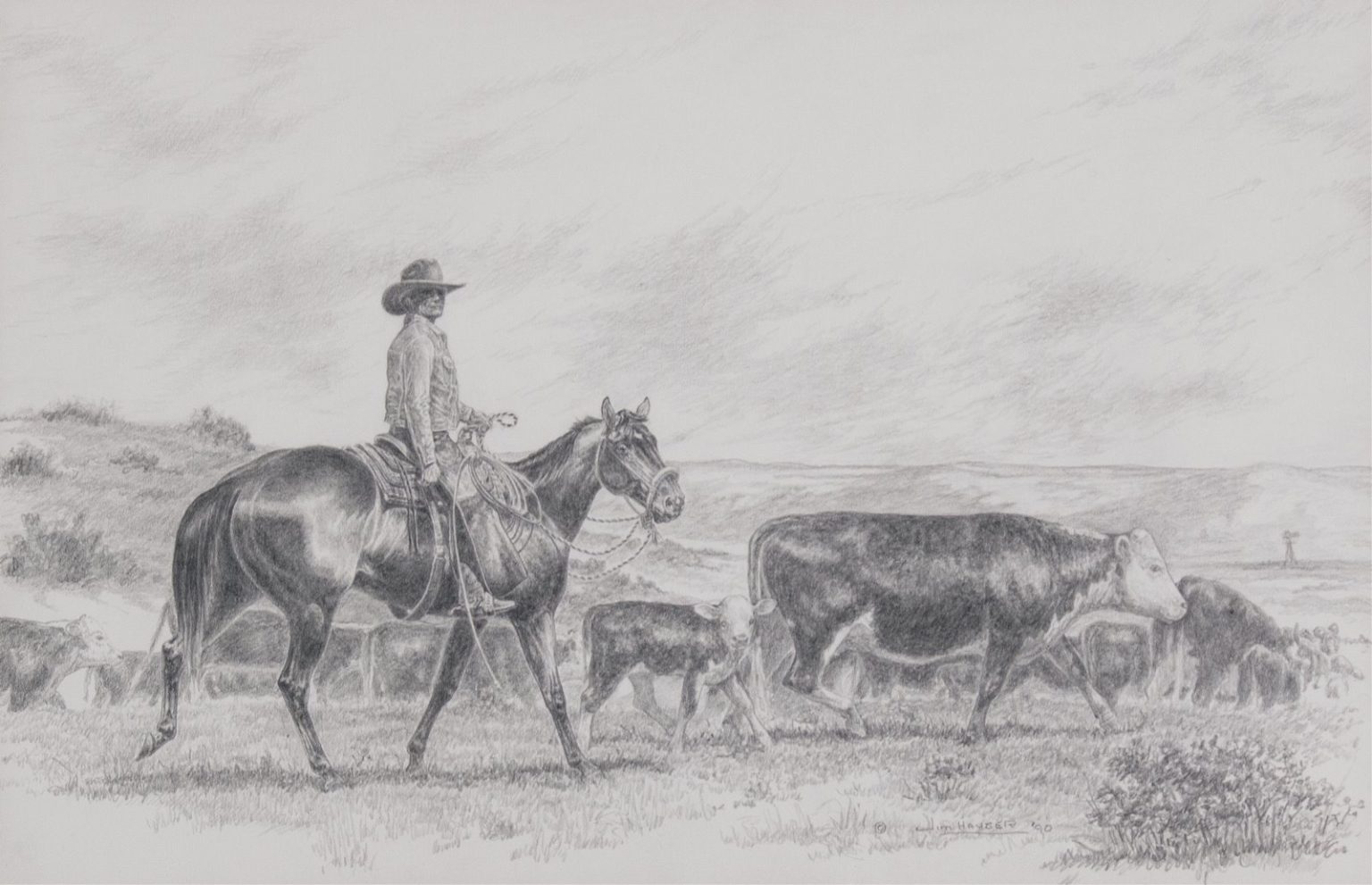 Jim Hauser: RANCHER DRIVING HIS HERD - Hodgins Art Auction