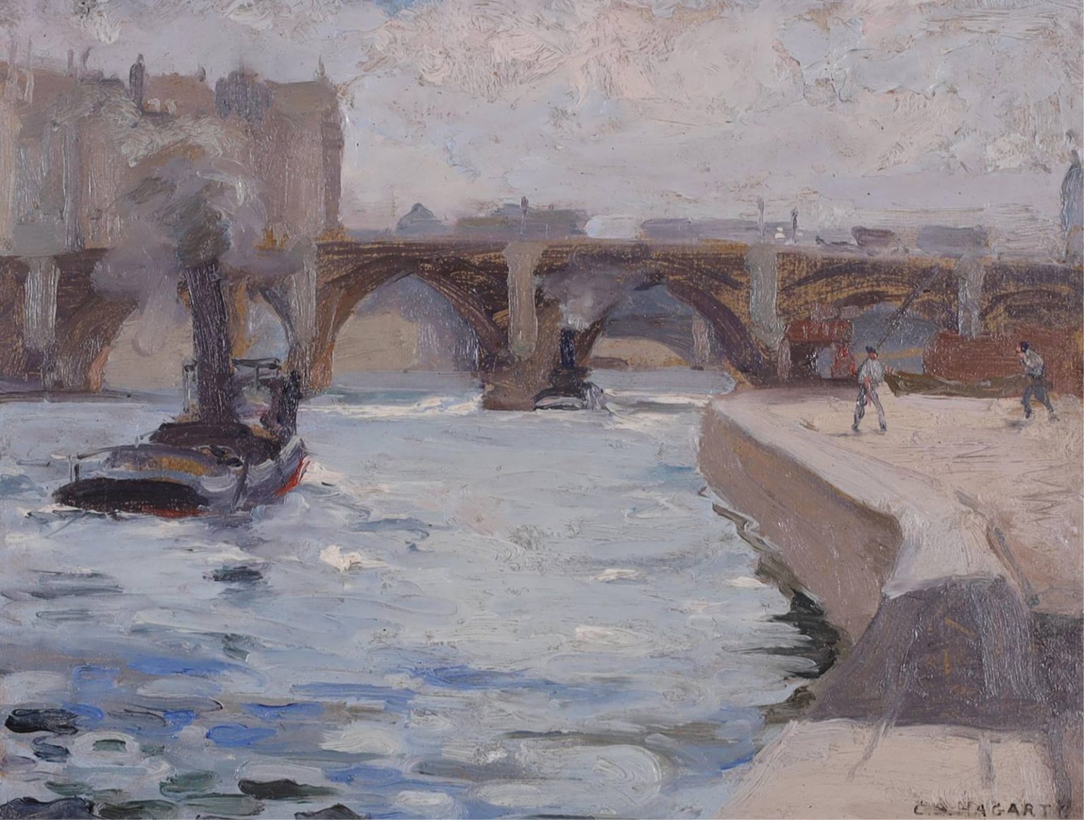 Clara Sophia Hagarty: RIVER SCENE WITH BRIDGE - Hodgins Art Auction